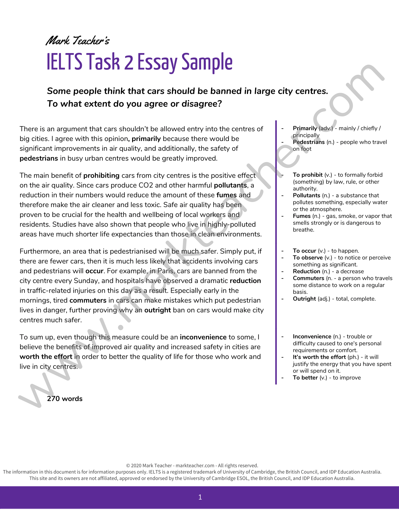 Task 2 Essay Sample - Banning Cars in City Centres - IELTS with Mark ...